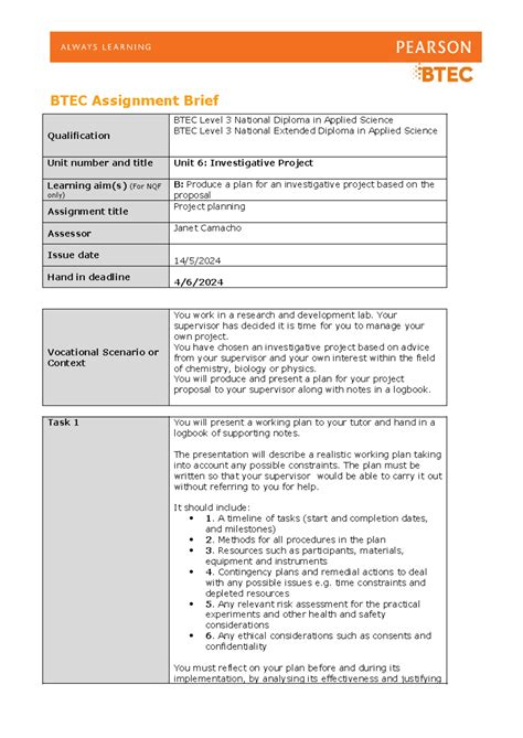 Unit 6b Is Just An Assignment Brief Btec Assignment Brief