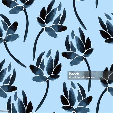 밝은 파란색 배경에 네이비 다육 식물과 원활한 수채화 패턴 추상 사막 식물 선인장 손으로 그린 직물 인쇄 문구 및 선물 용지 랩용 직물 표면 0명에 대한 스톡 벡터 아트 및