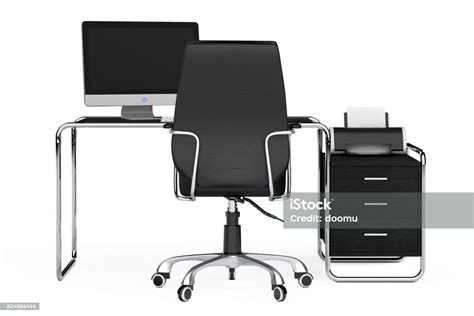 현대 창조적인 작업 영역입니다 컴퓨터는 블랙 가죽의 자 사무실 테이블에 있다 3 차원 렌더링 가구에 대한 스톡 사진 및 기타 이미지 Istock