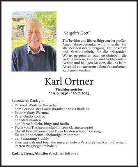 Todesanzeigen Von Karl Ortner Todesanzeigen Vorarlberger Nachrichten