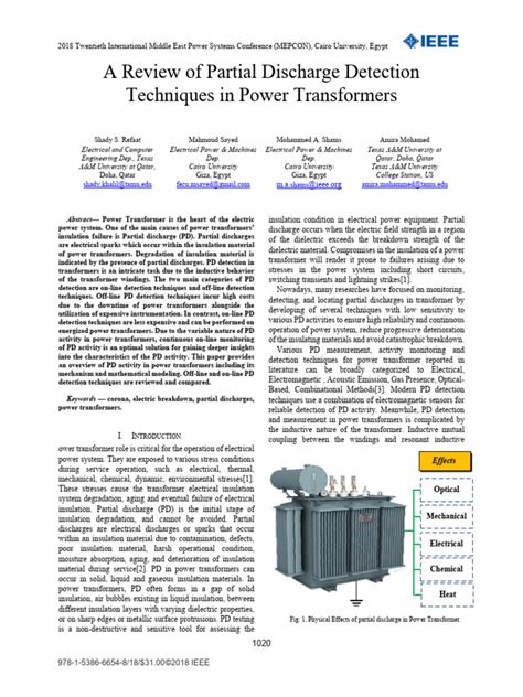 A Review Of Partial Discharge Detection Techniques In Power Transformers Pdf Transformer