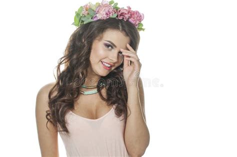 Elegant Female Model In Floral Summer Wreath On Her Hair Young Woman