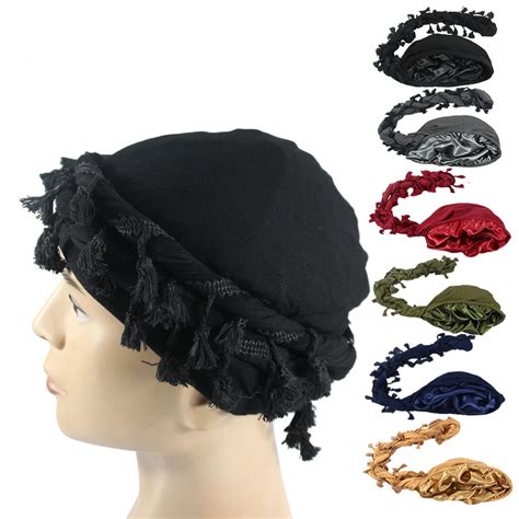 HZM Men Halo Turban Durag With Tassels Satin Lined Durag Tied Braid Turban Head Wraps