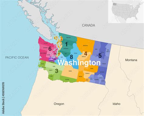 Washington State Counties Colored By Congressional Districts Vector Map