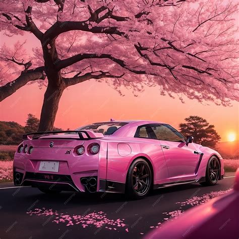 Premium Photo Pink Nissan Skyline Gt R At Sunset With Cherry Blossom