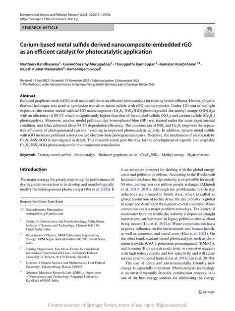 Cerium Based Metal Sulfide Derived Nanocomposite Embedded Rgo As An Efficient Catalyst For