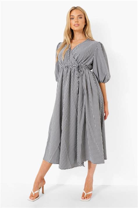 Gingham Puff Sleeve Midi Dress Boohoo Uk