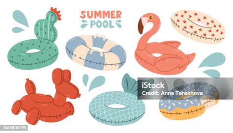 여름 수영장 고무 링 세트입니다 흰색 배경에 수영 반지 세트 물과 해변을 위한 풍선 고무 장난감 튜브 공기 주입에 대한 스톡 벡터 아트 및 기타 이미지 Istock