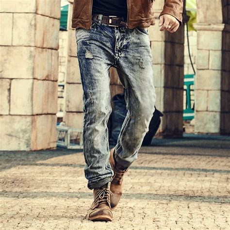 Mens Retro Ripped Jeans Mens Solid Washing Denim Jeans New Korean Style Casual Trousers Stretch