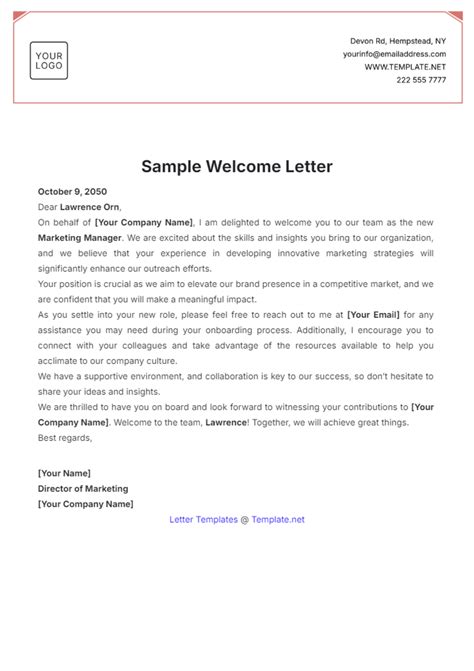 Free Sample Welcome Letter Template To Edit Online