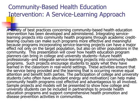 Ppt Community Based Health Education Intervention A Service Learning Approach Powerpoint