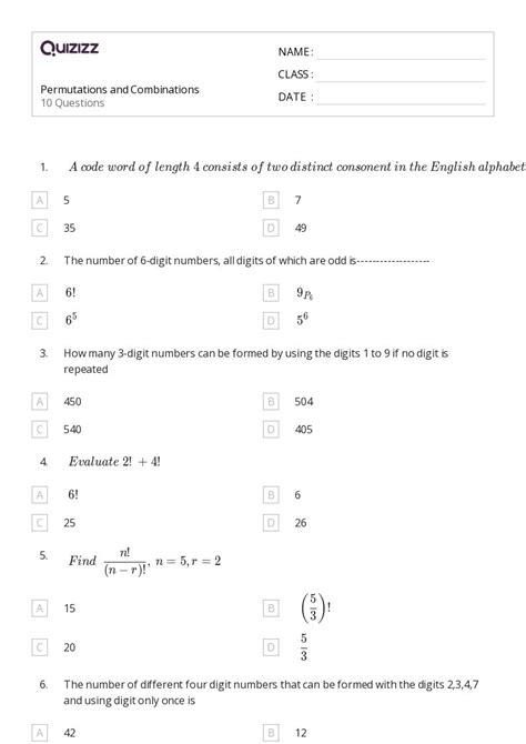 Permutations Worksheets On Quizizz Free Printable