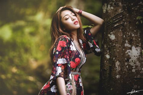 Asian Bokeh Pose Brown Haired Hands Dress Hd Wallpaper Rare Gallery