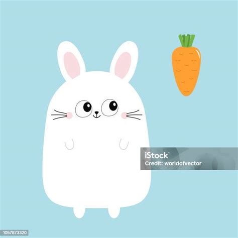 흰색 토끼 토끼 당근 보고입니다 재미 있은 머리 얼굴 큰 눈입니다 귀여운 귀여운 만화 캐릭터입니다 아기 인사말 카드 서식
