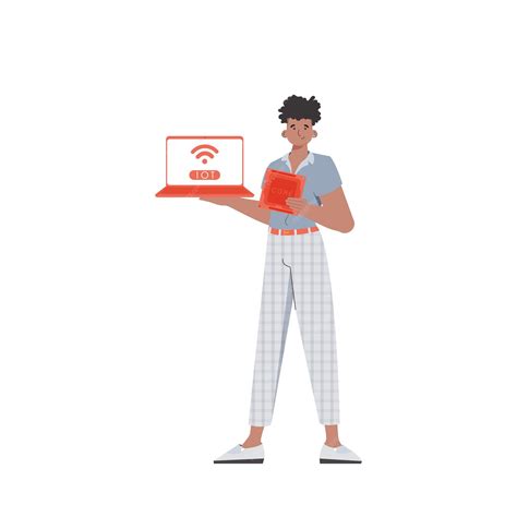 Premium Vector A Man Holds A Laptop And A Processor Chip In His Hands Internet Of Things And