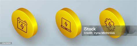 아이소메트릭 라인 자동차 배터리 노트북 및 기어 및 번개 아이콘을 설정합니다 벡터 3차원 형태에 대한 스톡 벡터 아트 및 기타 이미지 3차원 형태 공란 기어 기계