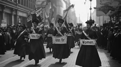Black And White Photograph Of Suffragettes Marching Premium Ai