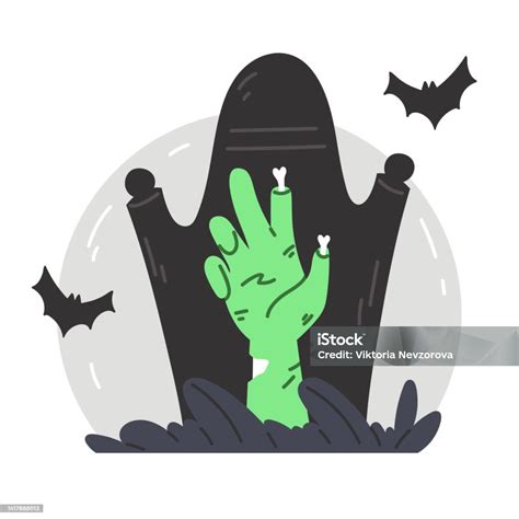 만화 좀비가 땅에서 손을 내밀었다 유령 같은 무덤에서 손을 뻗는 언데드 좀비의 손과 팔의 공포 삽화 흰색 배경에 격리된 플랫