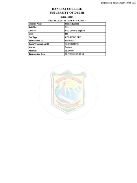 Fee Recipt Hs 005247 Pdf