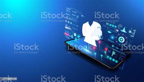 홀로그램 의사는 전화 의료 데이터 분석에서 보여줍니다 시각적 인 형태로 현대 미래 인공 지능을 사용하는 의학 전화로 진단 의료 전문가의 조언과 함께 간호사에 대한 스톡 벡터