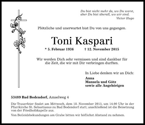 Traueranzeigen Von Toni Kaspari Rz Trauerde