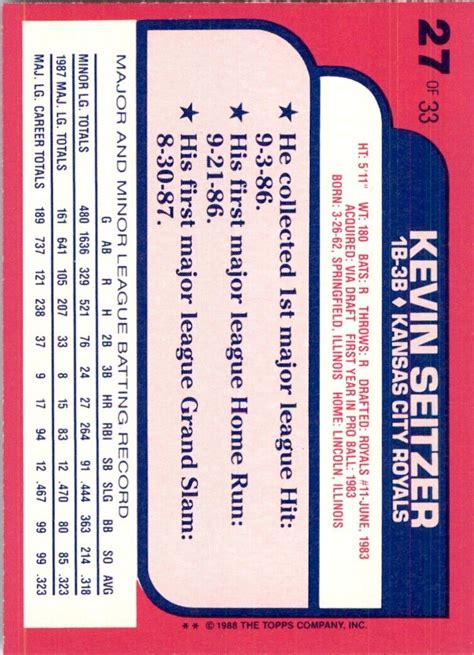 1988 Topps Toys R Us Rookies Kevin Seitzer 101 Baseball Cards 27 EBay