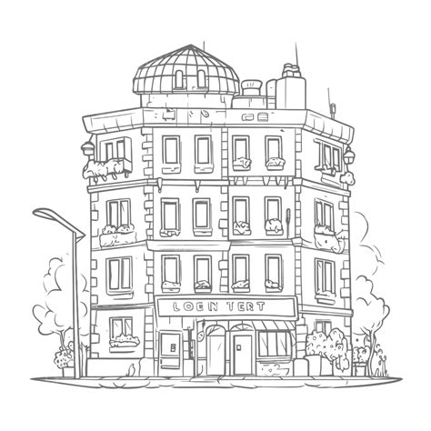 Real Estate Apartment Building Coloring Page Sketch Design Outline Drawing Vector Hotel Drawing