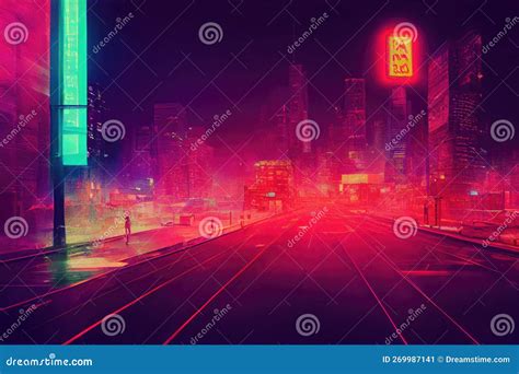 Cyberpunk Neon City Night Futuristic City Scene In A Style Of Pixel