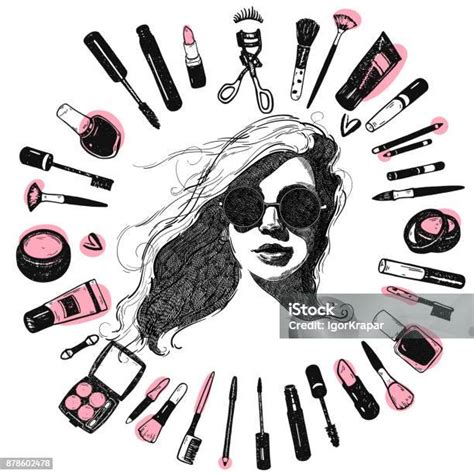 태양 안경에서 일어나 고 핑크 화장품 컬렉션 벡터 일러스트 레이 션을 가진 젊은 여자 또는 여자 그래픽 초상화 사람 얼굴에 대한 스톡 벡터 아트 및 기타 이미지 Istock