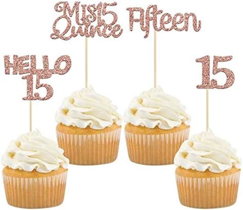 Gyufise Pcs Rose Gold Glitter Th Birthday Cupcake Toppers Mis Quince Cake Toppers Hello
