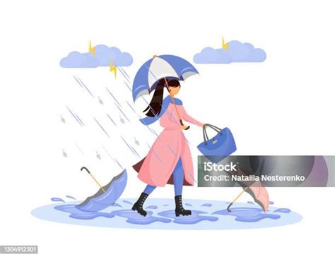 폭우 플랫 컬러 벡터 얼굴없는 문자 계절별 뇌우 우산을 들고 비옷을 입은 여성 폭풍에서 야외웅덩이 나쁜 가을 날씨 고립 된 만화 일러스트 비에 대한 스톡 벡터 아트 및 기타