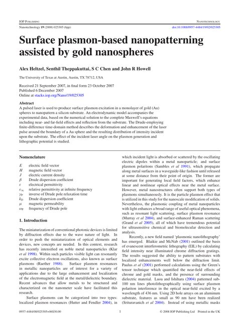 Pdf Surface Plasmon Based Nanopatterning Assisted By Gold Nanospheres