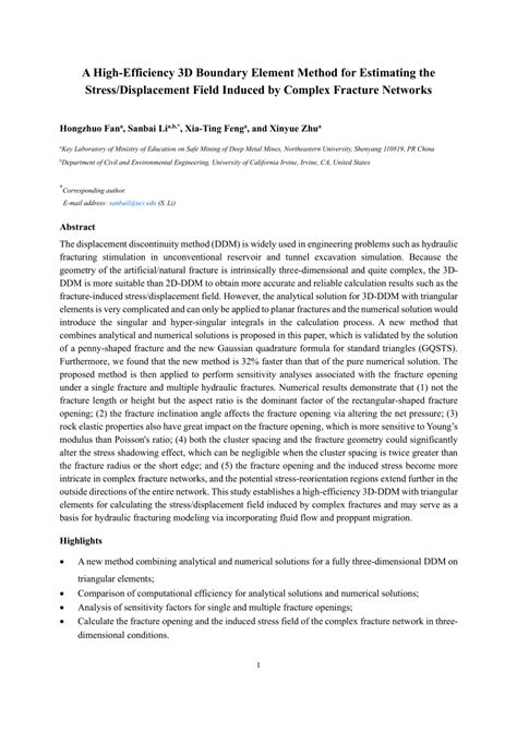 Pdf A High Efficiency 3d Boundary Element Method For Estimating The Stressdisplacement Field