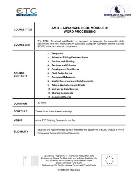 am 3 â advanced ecdl module 3 word processing etc