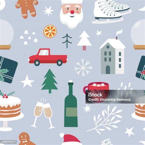 크리스마스와 새해 상징의 완벽 한 패턴 진저 브레드 남자 산타 클로스 자동차 스케이트 사탕 선물 공 크리스마스 트리 겨우살이 코코아 패턴 0명에 대한 스톡 벡터 아트 및