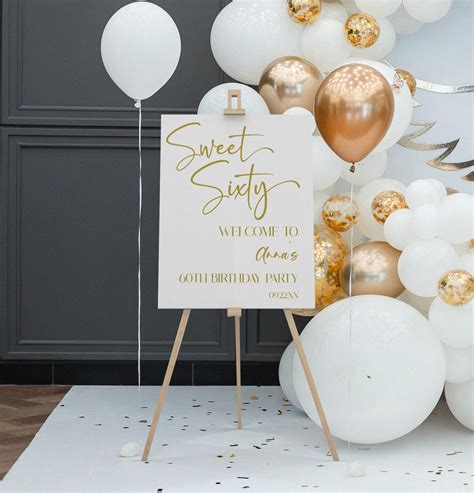 Sweet Sixty 60th Birthday Party Welcome Sign Editable White Gold