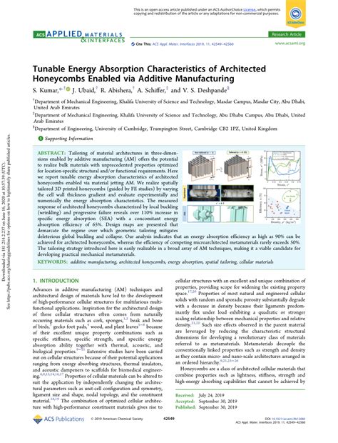 Pdf Tunable Energy Absorption Characteristics Of Architected Honeycombs Enabled Via Additive