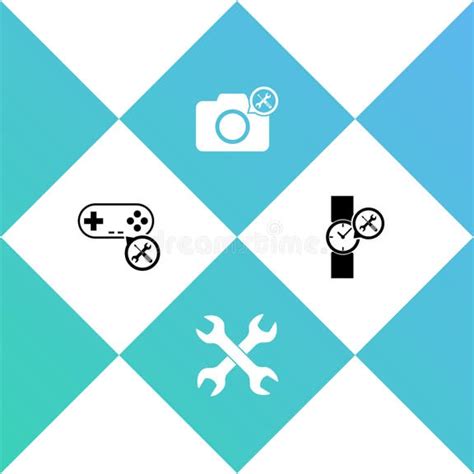 Set Gamepad Service Crossed Wrenchs Photo Camera And Wrist Watch Icon Vector Stock Vector