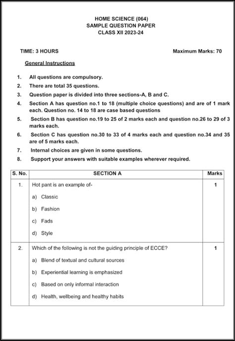 Cbse Class 12 Home Science Sample Paper 2023 24 See Photos Here