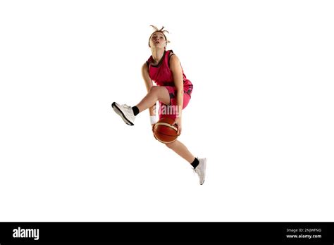 Jump Shot Teen Girl Basketball Player In Action Jumping With Ball