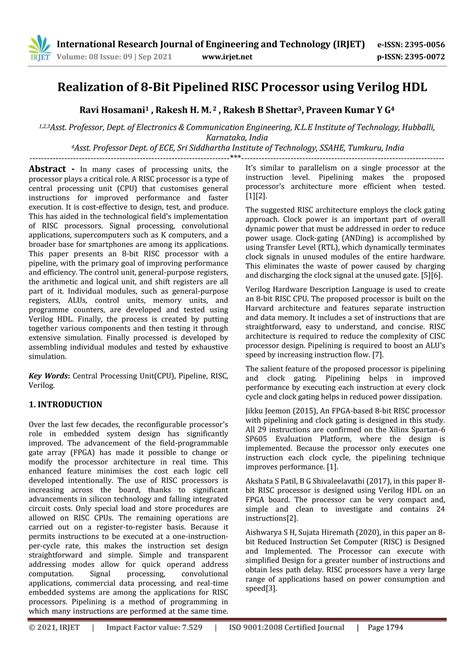 Irjet Realization Of 8 Bit Pipelined Risc Processor Using Verilog Hdl By Irjet Journal Issuu
