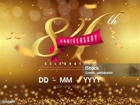 골드 배경에 84 년 기념일 로고 템플릿 81 빨간 리본 벡터와 색종이 고립 된 디자인 요소와 황금 숫자를 축 하 0명에 대한 스톡 벡터 아트 및 기타 이미지 Istock