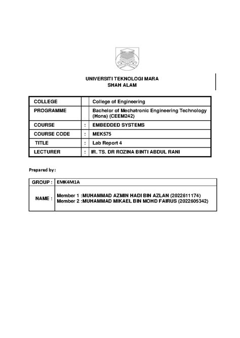 Lab 4 Universiti Teknologi Mara Shah Alam College College Of