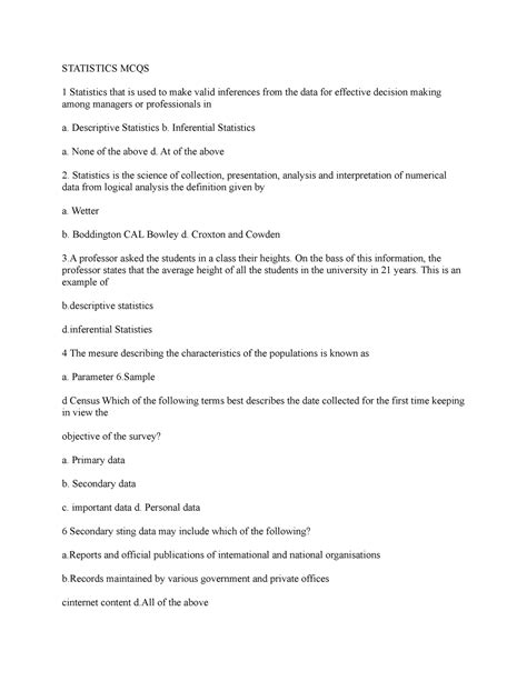 Statistics MCQS STATISTICS MCQS Statistics That Is Used To Make Valid Inferences From The