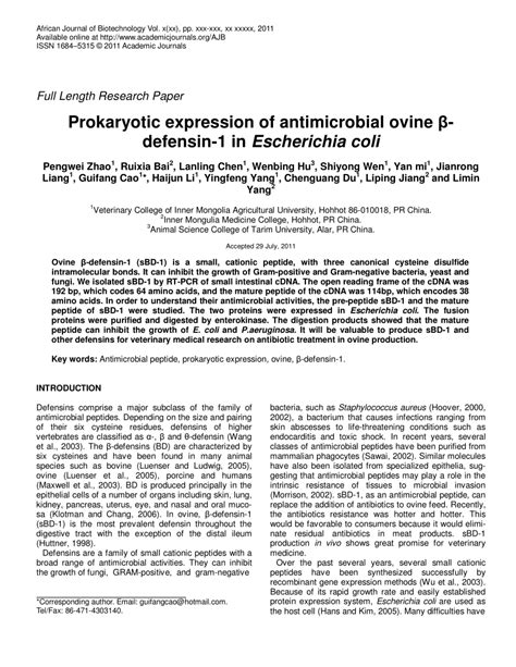 Pdf Prokaryotic Expression Of Antimicrobial Ovine Defensin 1 In Escherichia Coli