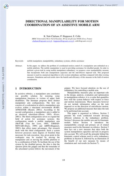 Pdf Directional Manipulability For Motion Coordination Of An