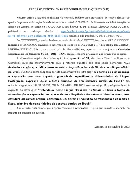 Recurso Contra Gabarito Preliminar De Questão Sobre Libras Pdf
