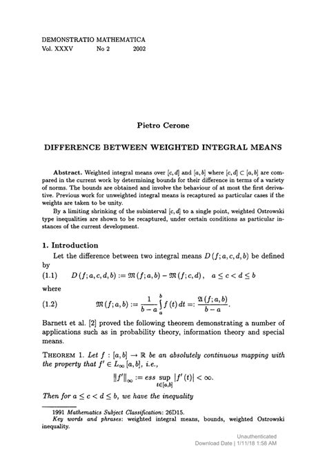 PDF Difference Between Weighted Integral Means