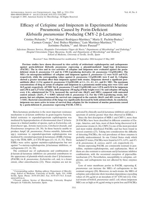 Pdf Efficacy Of Cefepime And Imipenem In Experimental Murine Pneumonia Caused By Porin