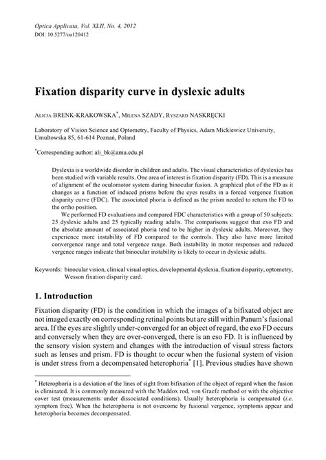 Pdf Fixation Disparity Curve In Dyslexic Adults